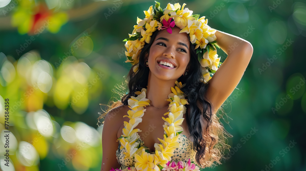 close up Hawaiian hula dancer typical of Tahiti with flower crown on ...