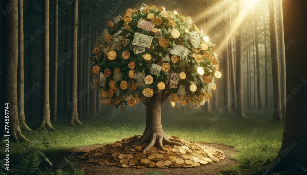 An image showing a tree with branches and leaves made of gold coins and ...