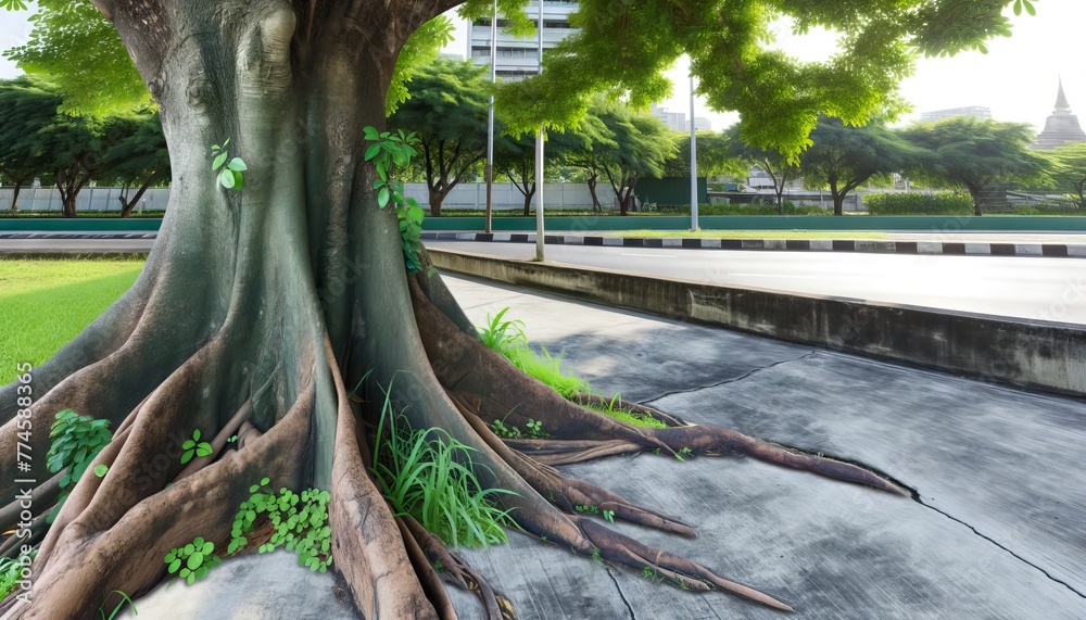Depict an old tree with roots growing over and through an urban ...