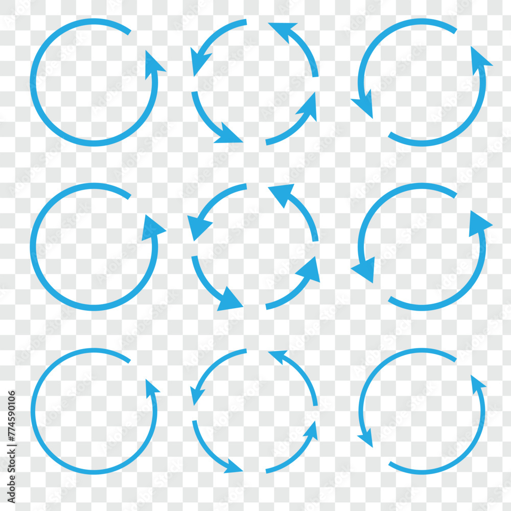 Set of circle arrows rotating on transparent background Refresh, reload, recycle, loop rotation ...