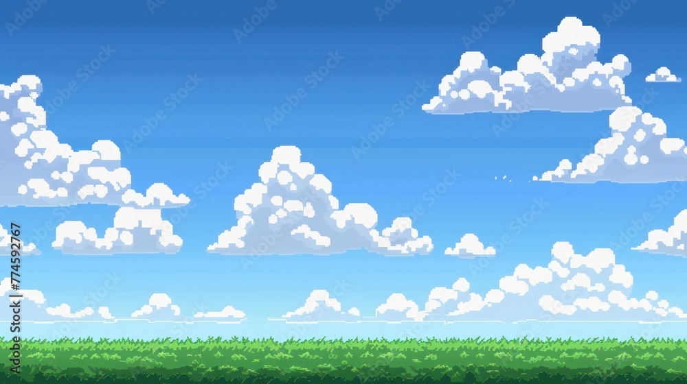 Pixel art game background featuring a blue sky with clouds, a green ...
