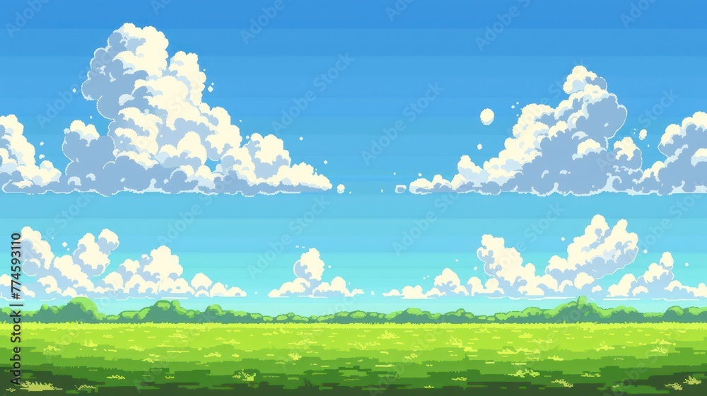 a blue sky with clouds and a green field below, this pixel art game ...