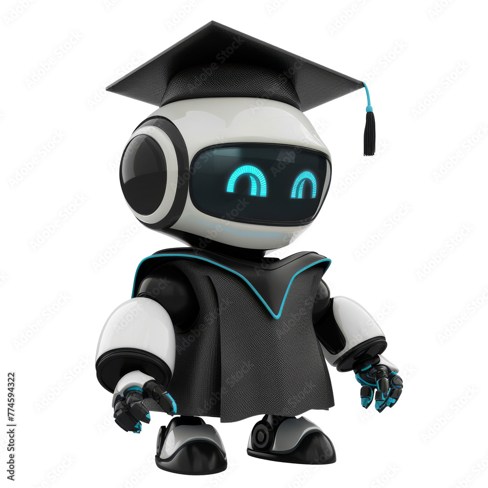 happy cute cartoon robot android in a graduation gown and a cap ...