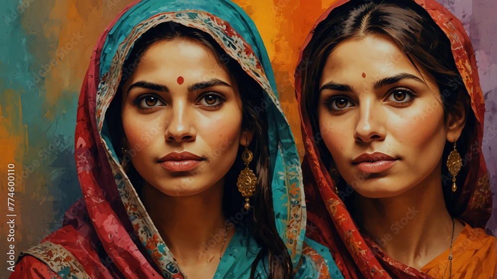 typical traditional pakistani woman abstract portrait oil pallet knife ...