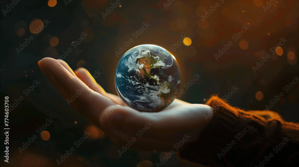 Levitating planet earth over female white skin beautiful hand , with ...