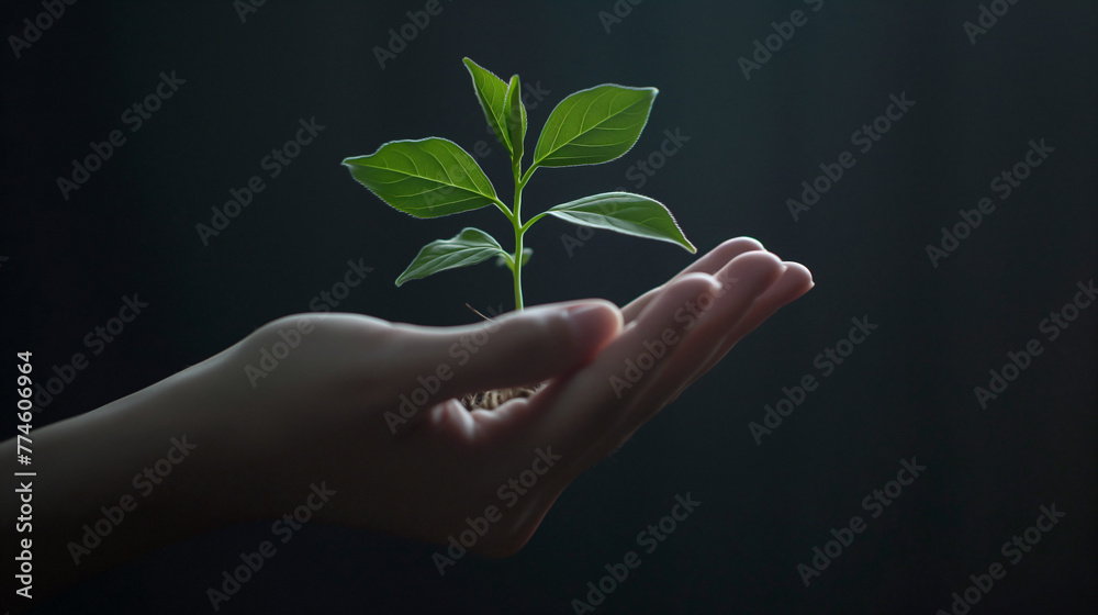 tree sprout growing over female white skin beautiful hand , with subtle ...