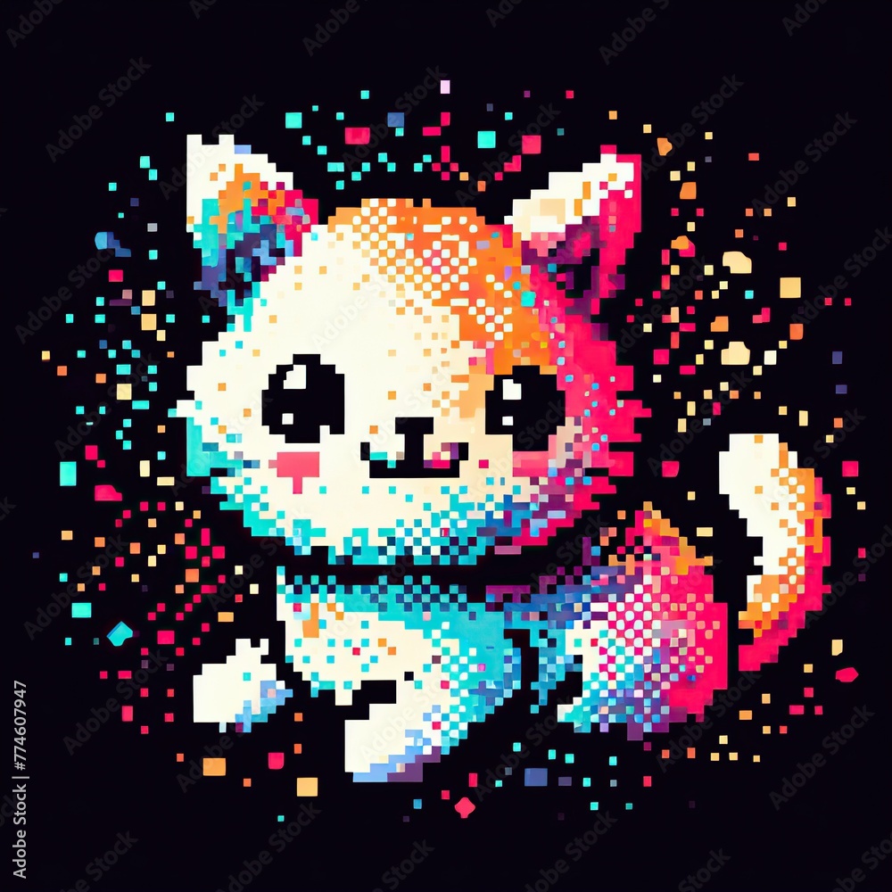 simple pixel art drawing of a kitten, black background Stock ...