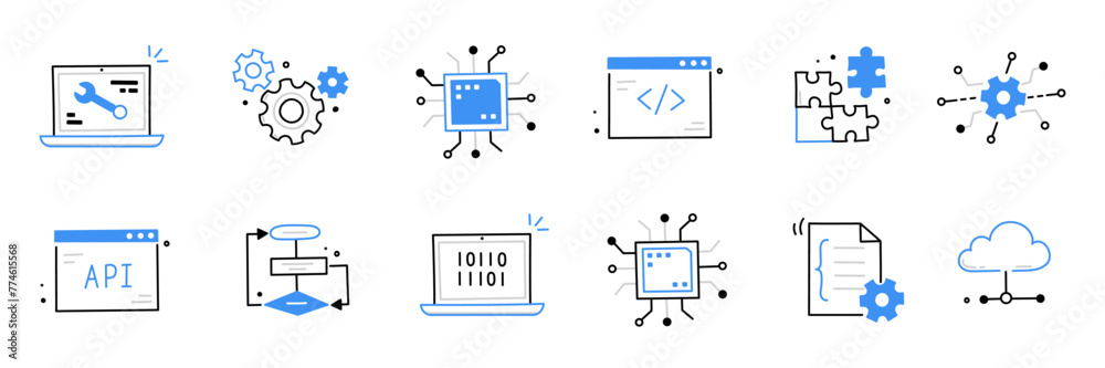 Software code icon doodle set. Hand drawn line sketch software coding ...