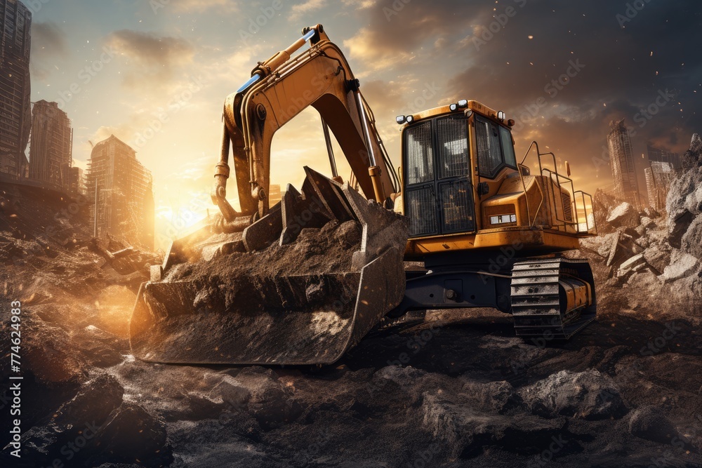 Heavy machinery digging up earth at a construction site, Backhoe ...