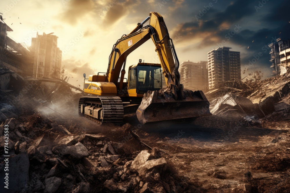 Heavy machinery digging up earth at a construction site, Close up of a ...