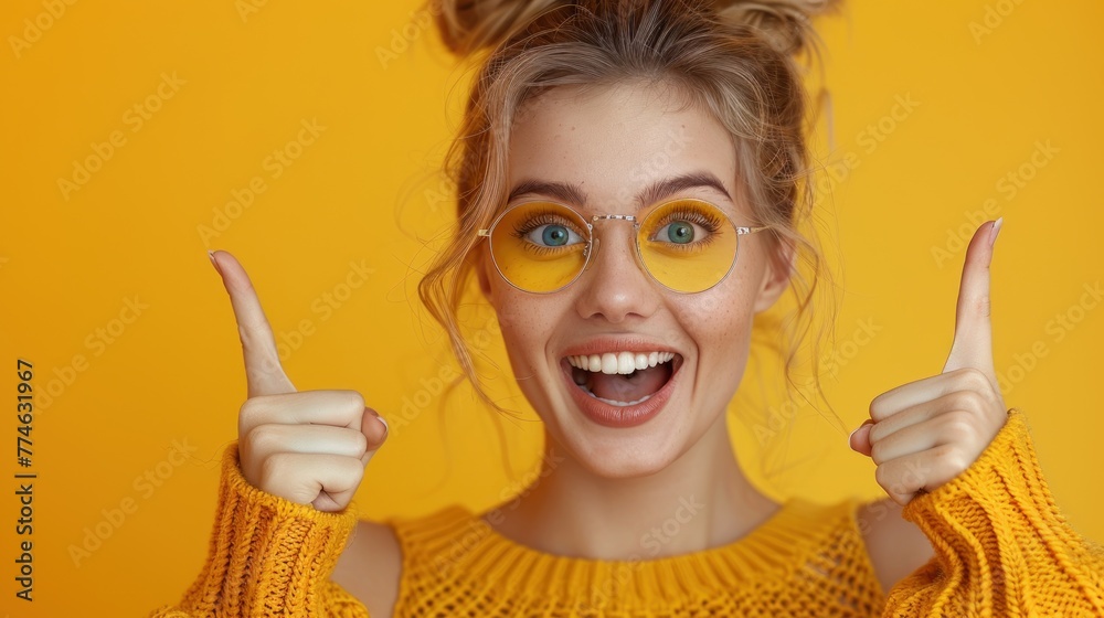 An exuberant young woman with a beaming smile points upwards while ...
