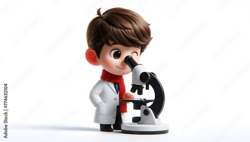 Boy in white lab coat looking through black microscope, Illustration of ...