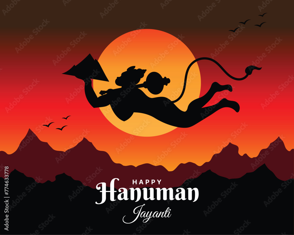 Happy Hanuman Jayanti festival, Hindu God flying Hanuman Sillhout ...
