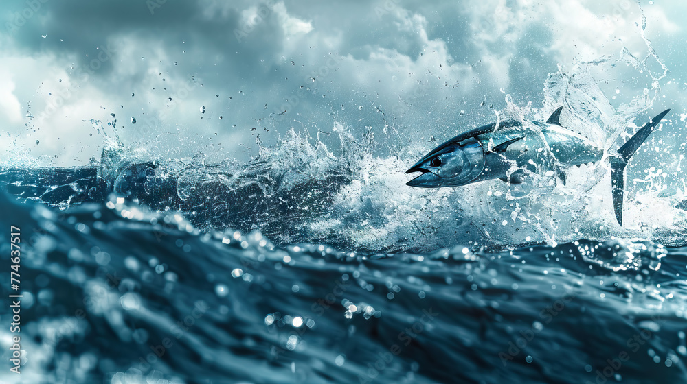 tuna fish in fast motion jumping in the ocean wave with cloudy sky ...