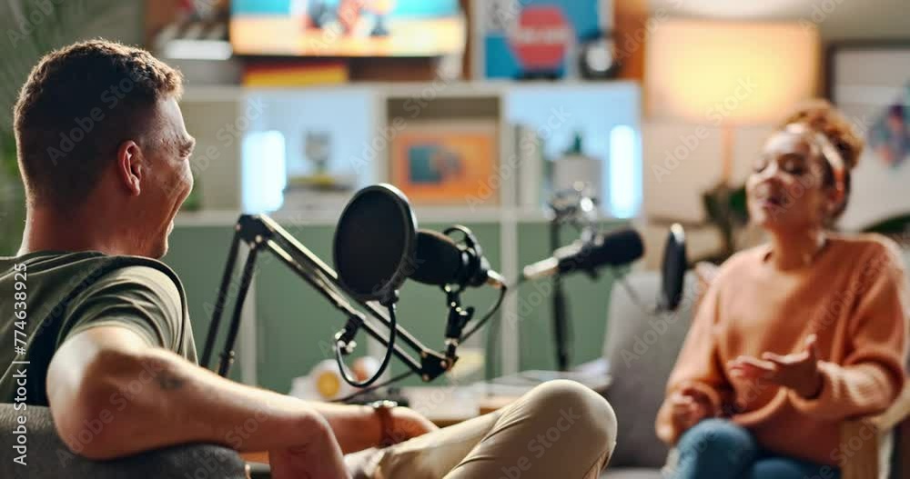 Vidéo Stock Radio, man and woman and interview in studio with laughing ...
