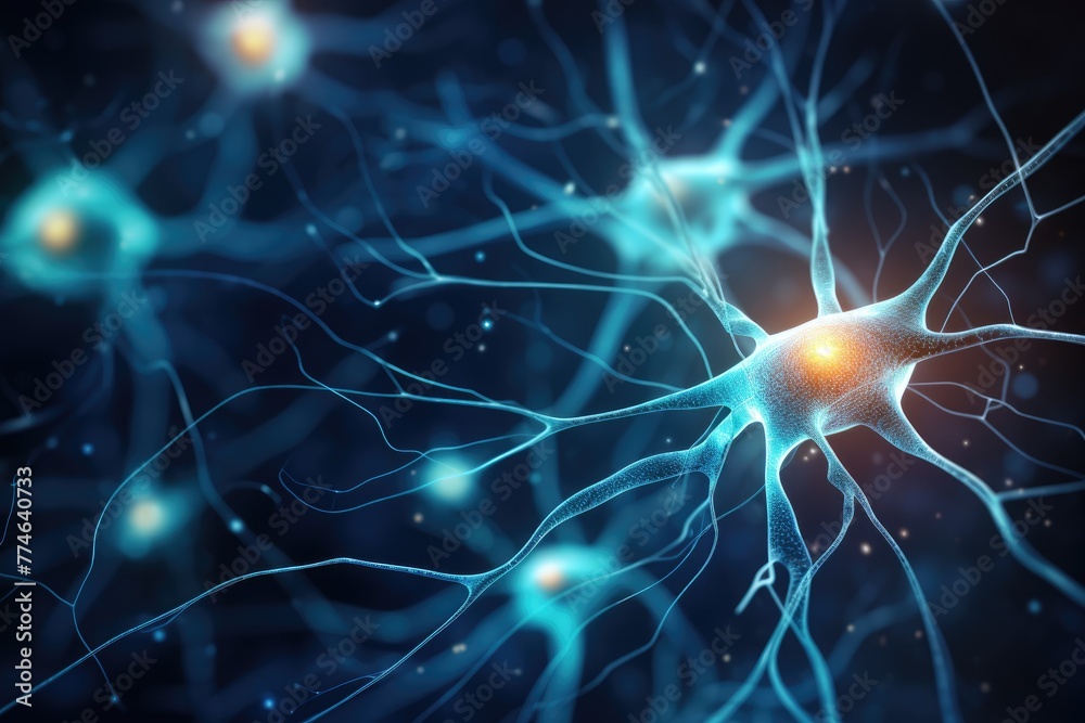 Lighting neuron cell, 3d rendering of neuron cell with neurons and ...