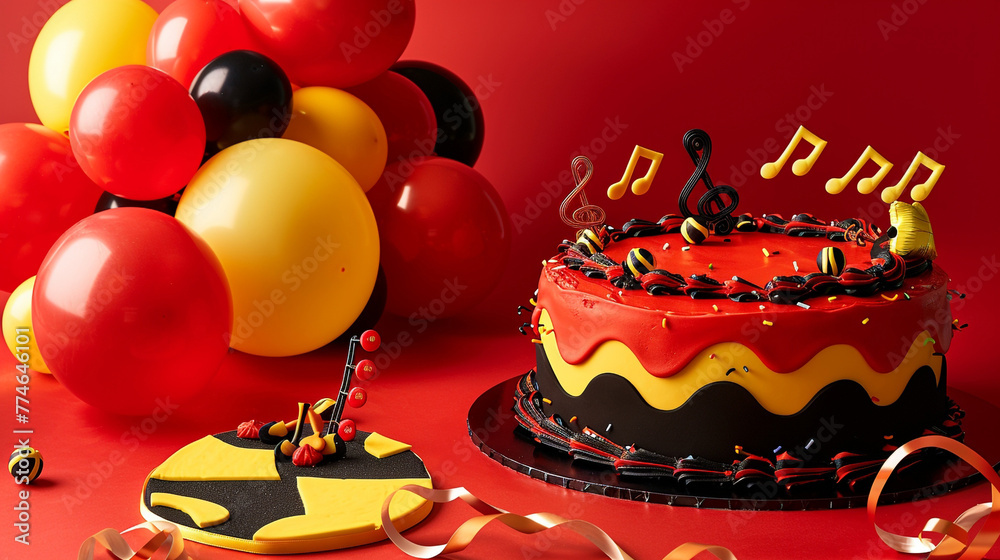 A lively Latin dance themed birthday cake with red, yellow, and black icing, featuring edible ...