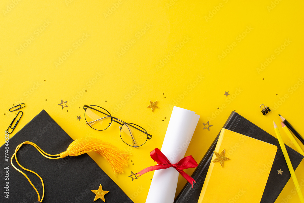 Foto de Dynamic top view arrangement featuring graduation cap, diploma ...