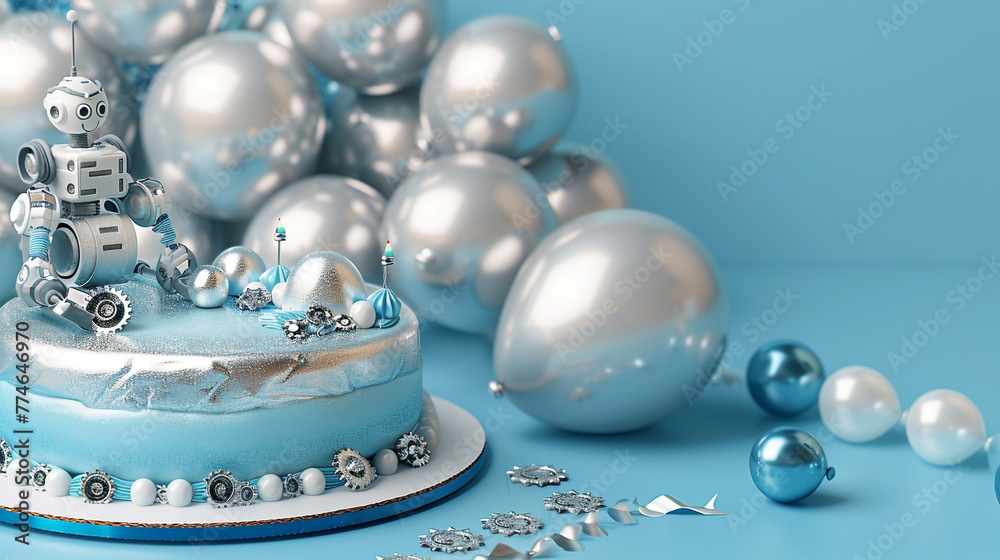 A futuristic robot themed birthday cake with metallic silver and blue ...