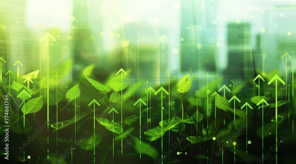 Abstract eco-friendly concept background with green leaves and upward ...