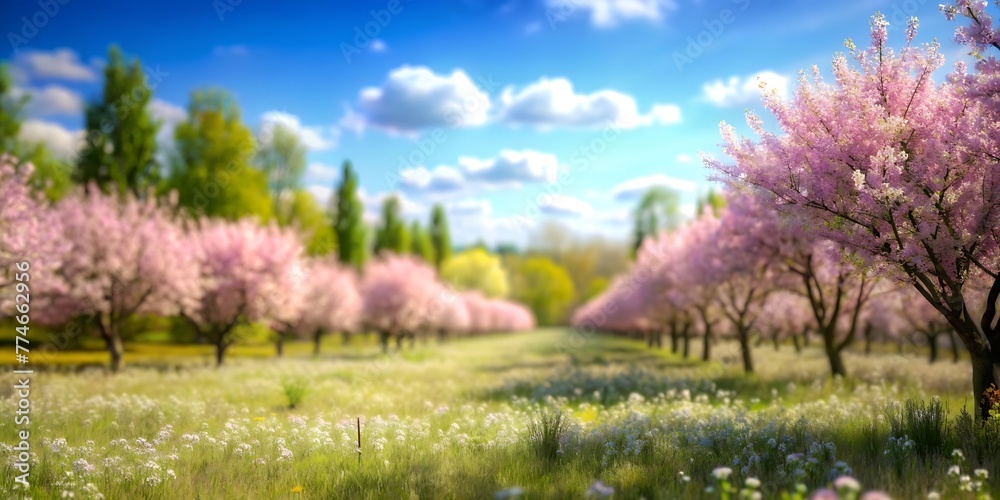 Blurred Spring Nature Background With Cherry Blossom Trees Chamomile ...