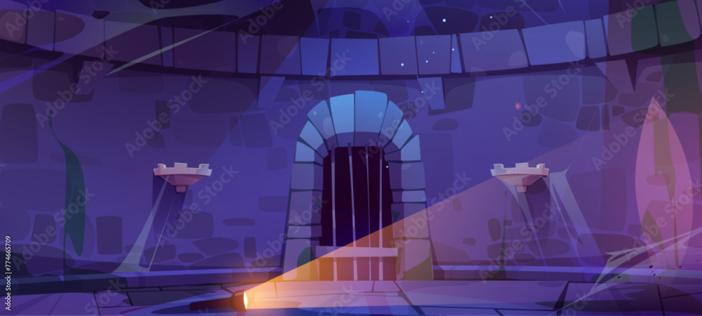 Abandoned castle dungeon room with light on wall. Dark medieval ...