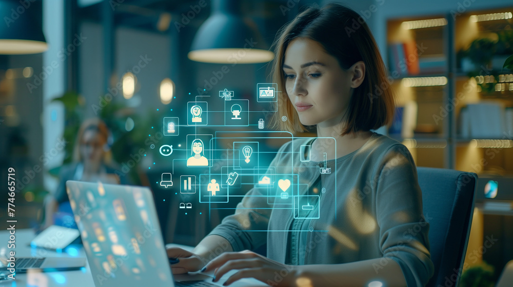 Professional Woman Working Late in High-Tech Office . Focused ...