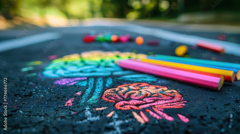 Chalk drawing of human structure showing brain activity on asphalt ...