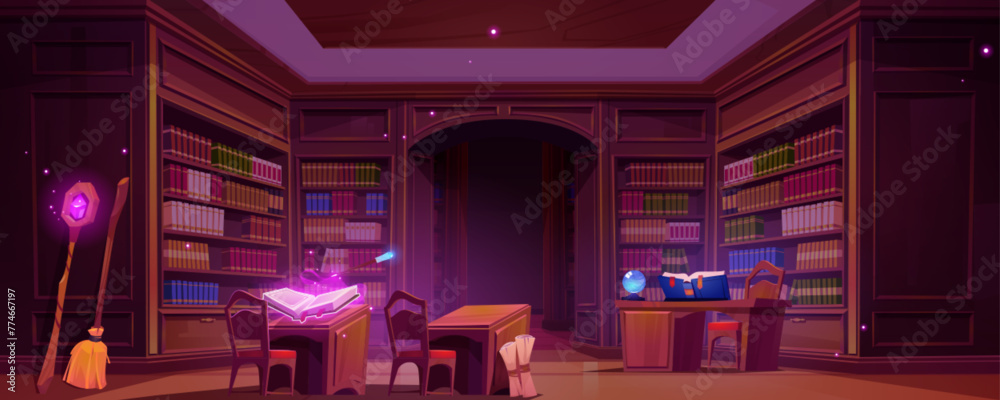 Magic school library interior. Vector cartoon illustration of dark room ...