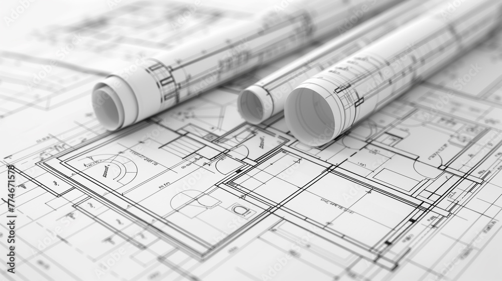 Architectural Blueprints of Building Design . An array of rolled and ...