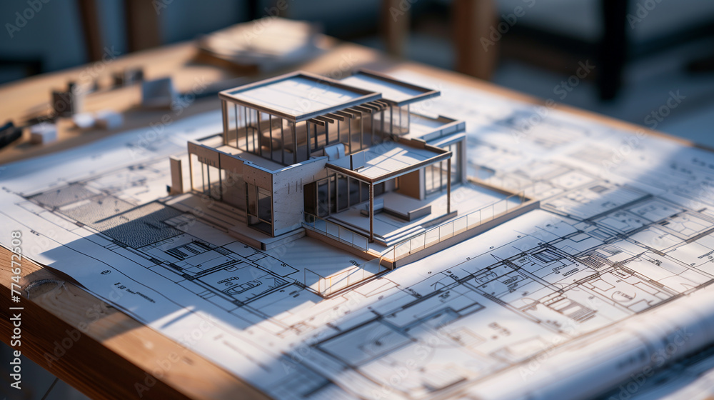Architectural Model Home on Blueprint Plans . A detailed architectural ...
