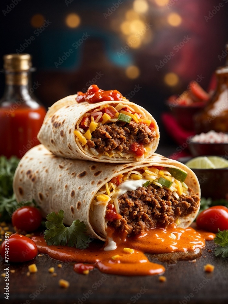 Authentic Mexican burritos, with flour tortillas, meat fish, potato ...