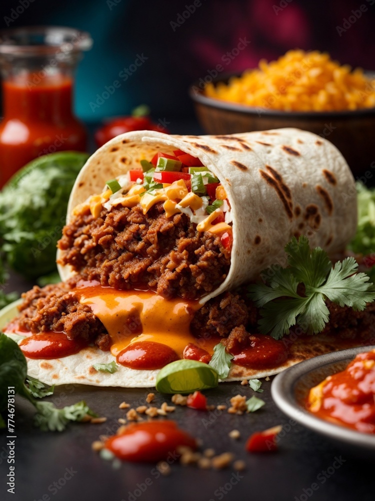 Authentic Mexican burritos, with flour tortillas, meat fish, potato ...