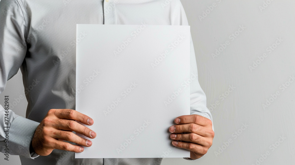 Hand holding white blank paper sheet mockup, isolated. Arm in shirt ...
