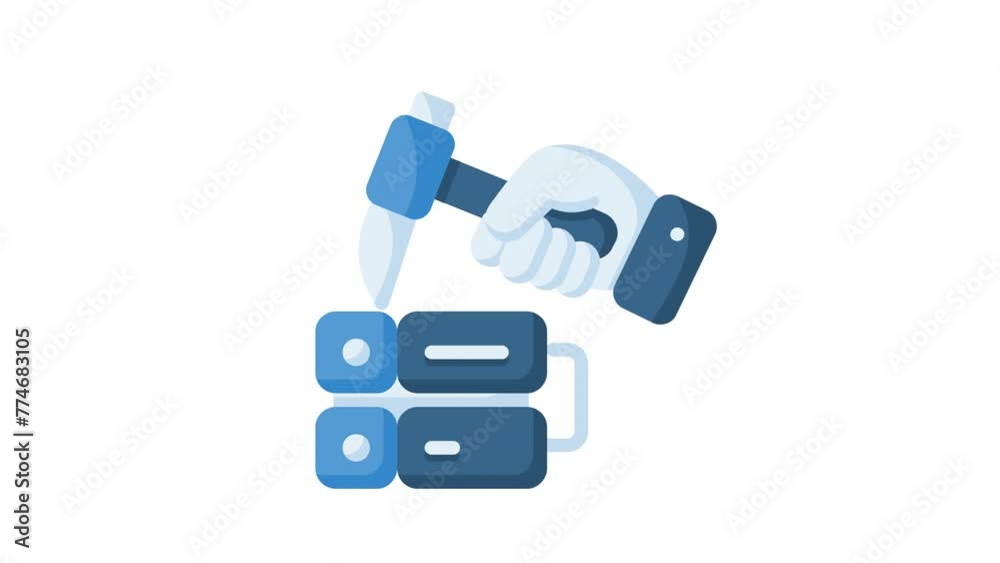 Animated data mining with illustration of a server connected and hammer ...