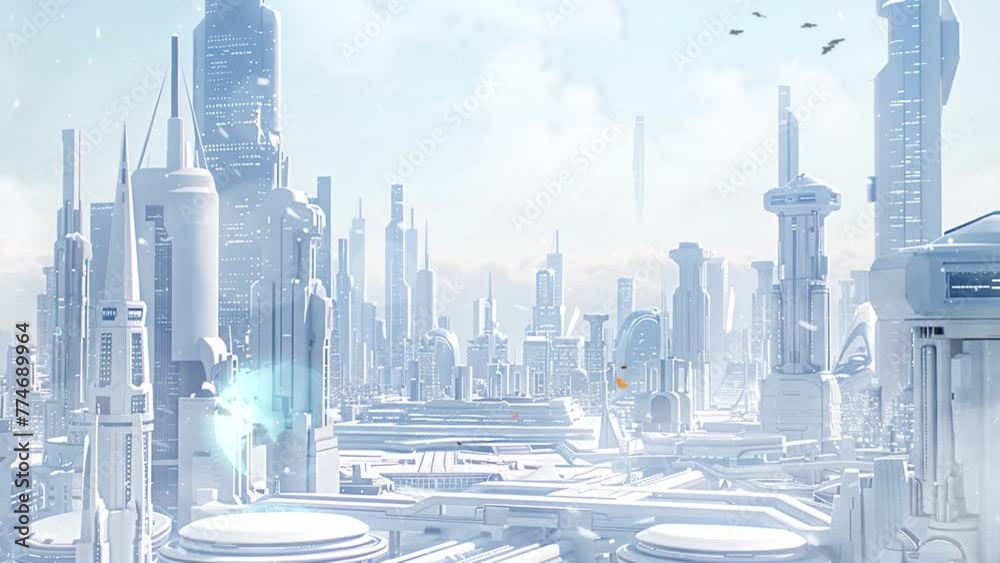 a highly detailed render of a futuristic city sky. seamless looping ...