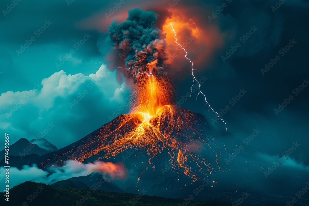 Erupting volcano with lightning striking through the ash cloud, a ...