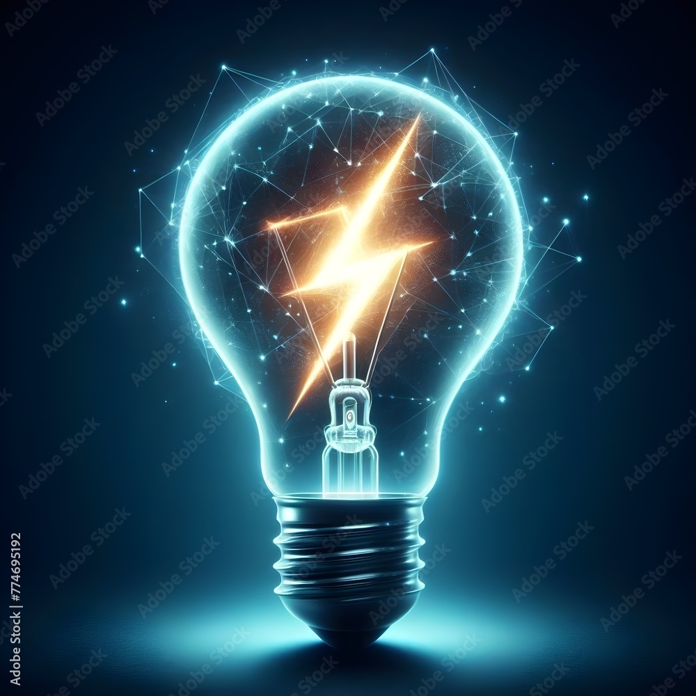 Lightning bolt symbol glowing inside a lightbulb with dark background ...