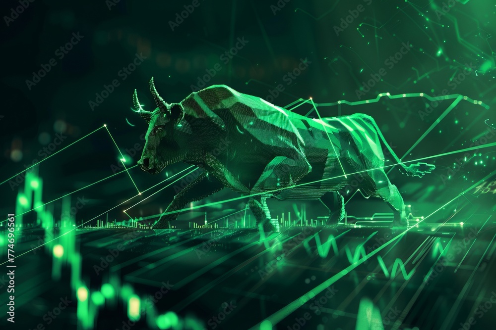 modern wallpaper, the green stock market chart with bull on dark ...