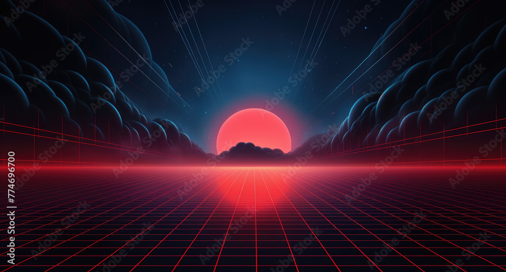 Synthwave background. Dark Retro Futuristic backdrop with blue red perspective grid and sky full ...