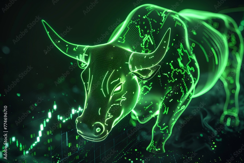 modern wallpaper, the green stock market chart with bull on dark ...