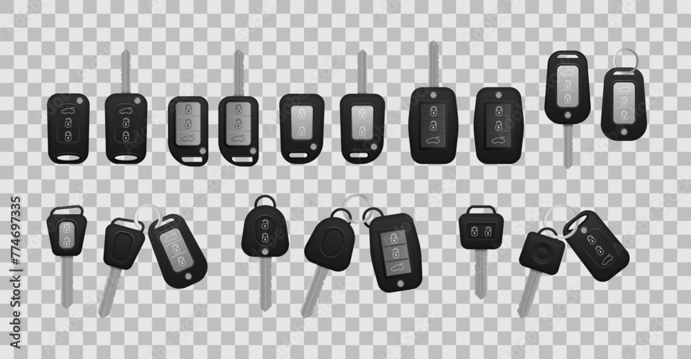 Set of electronic car key front and back view and alarm system ...