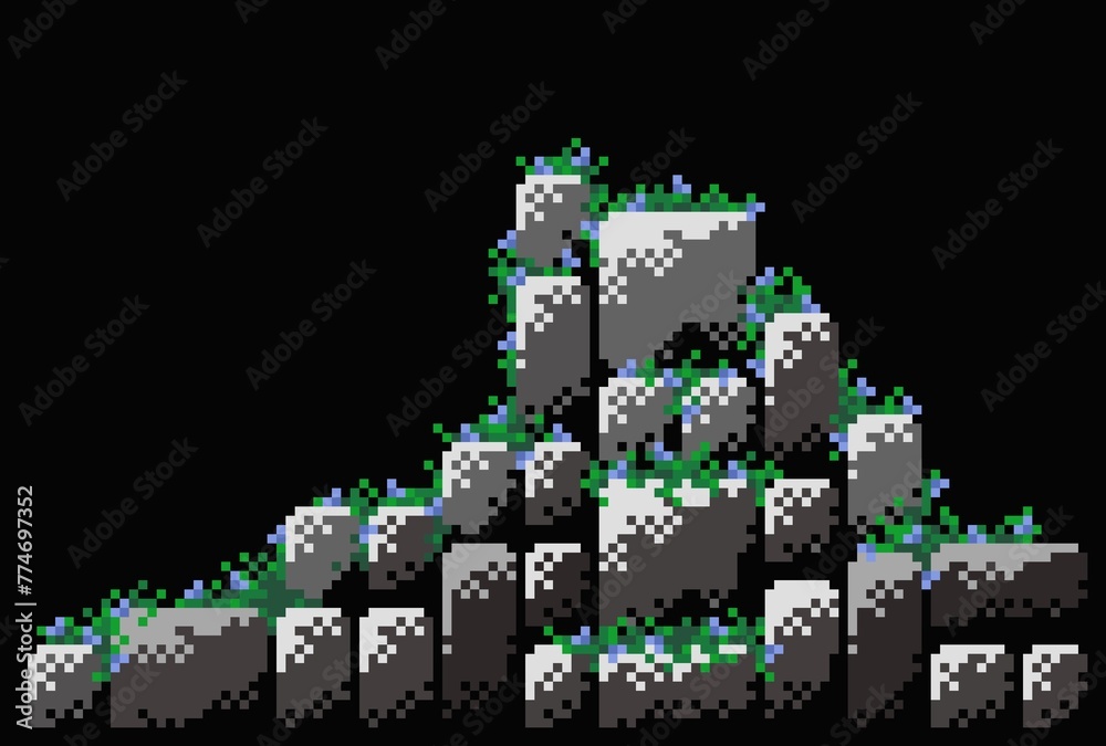 Pixel Art - Pile of stones with green moss, purple flower and dark ...