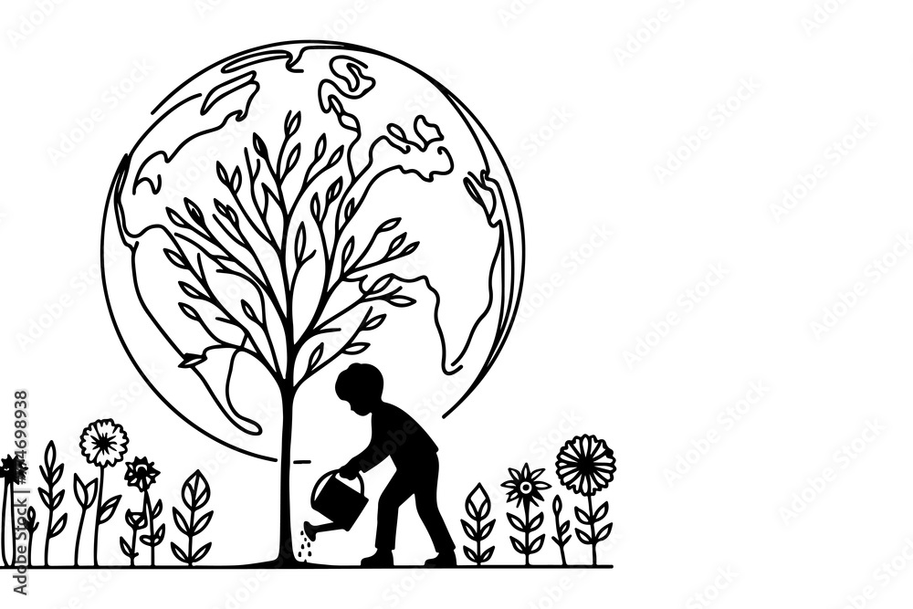 Continuous one black line art drawing children watering a tree ...