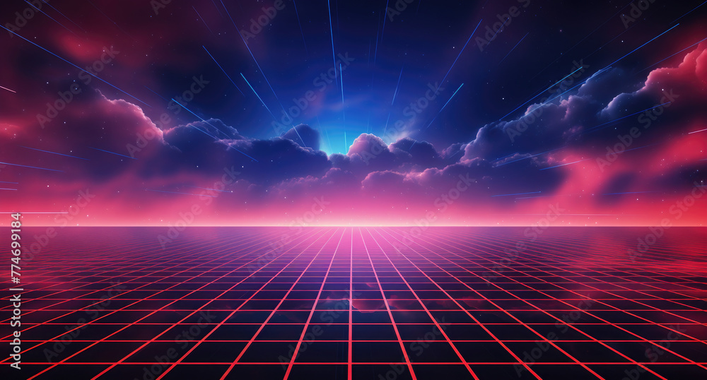 Synthwave background. Dark Retro Futuristic backdrop with blue red perspective grid and sky full ...