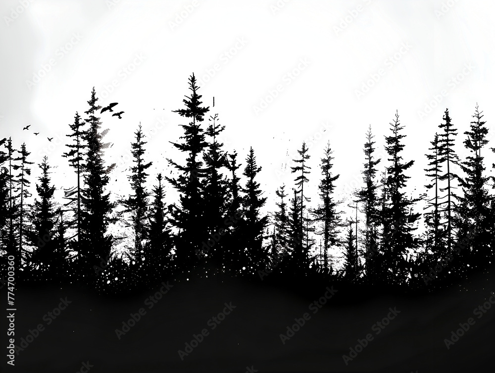 silhouette of pine forest on white, Redwood tree-line silhouette Stock ...