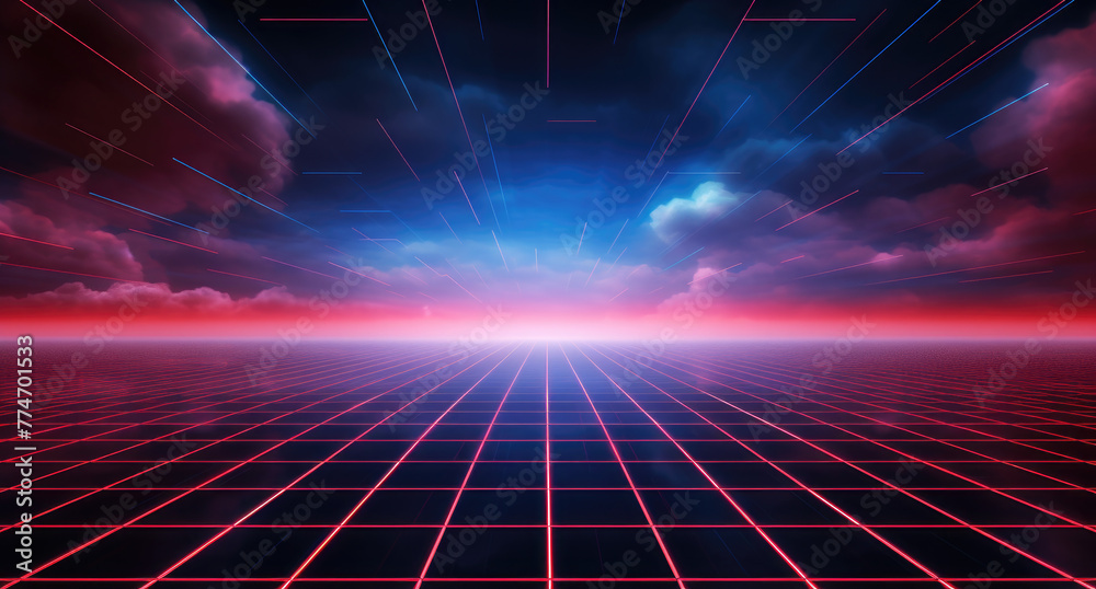 Synthwave background. Dark Retro Futuristic backdrop with blue perspective grid and sky full of ...