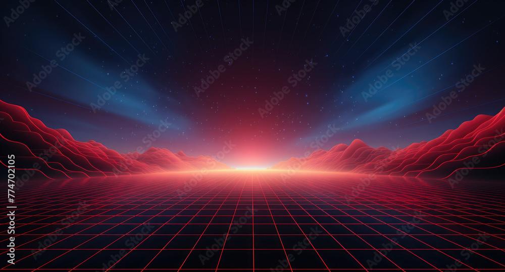 Synthwave background. Dark Retro Futuristic backdrop with blue perspective grid and sky full of ...