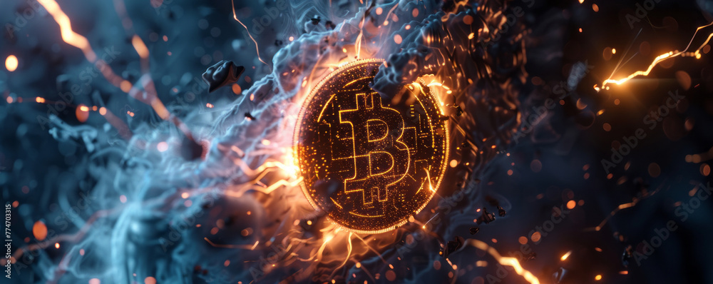 A depiction of a bitcoin halving event, intertwining fantasy and ...