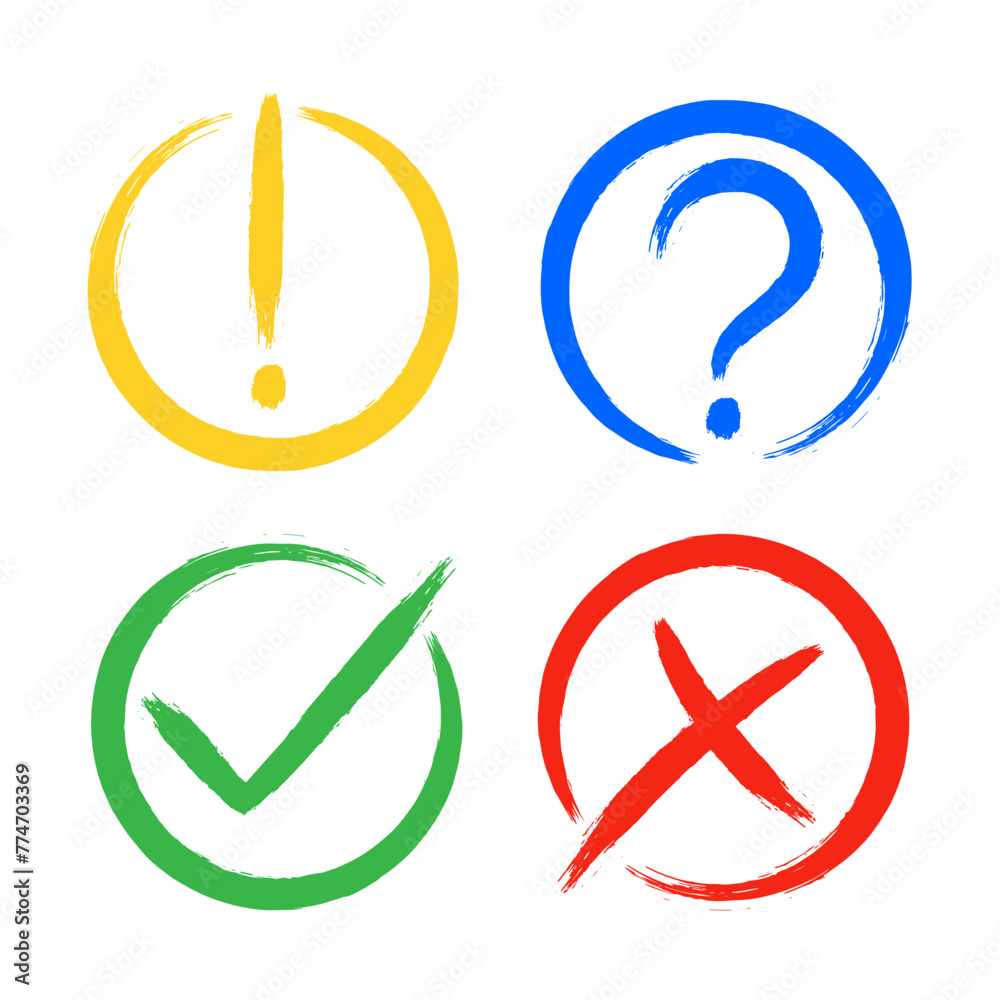 Dirty grunge cross x, tick OK, exclamation and question check marks in ...